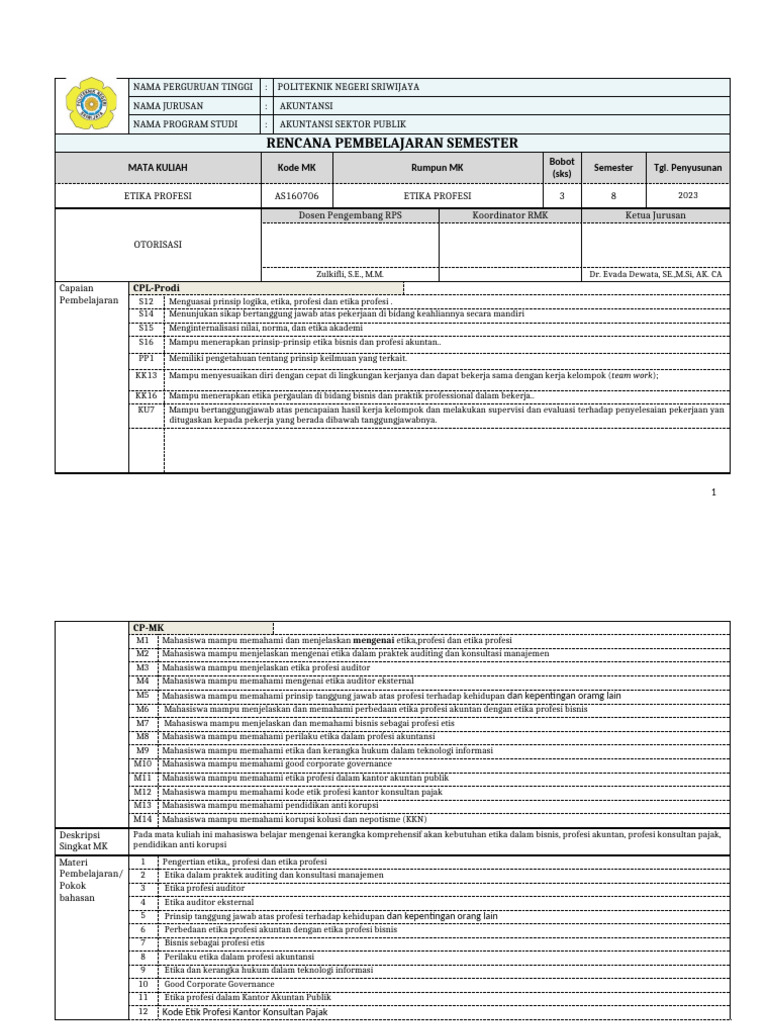 RPS Etika Profesi 2023 | PDF