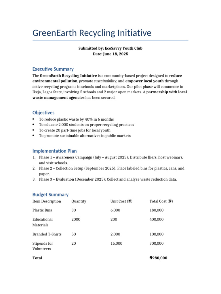 GreenEarth Recycling Proposal | PDF | Recycling | Waste