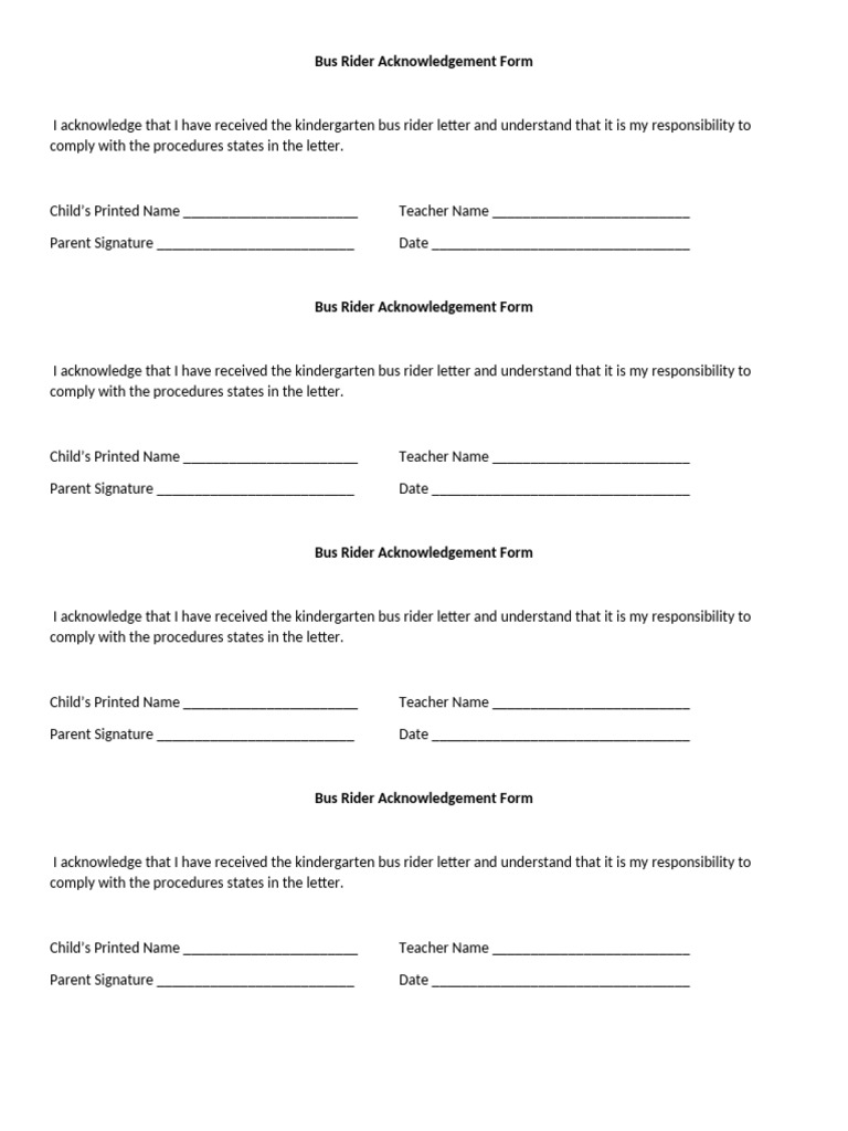 Kindergarten Bus Rider Acknowledgement Form | PDF