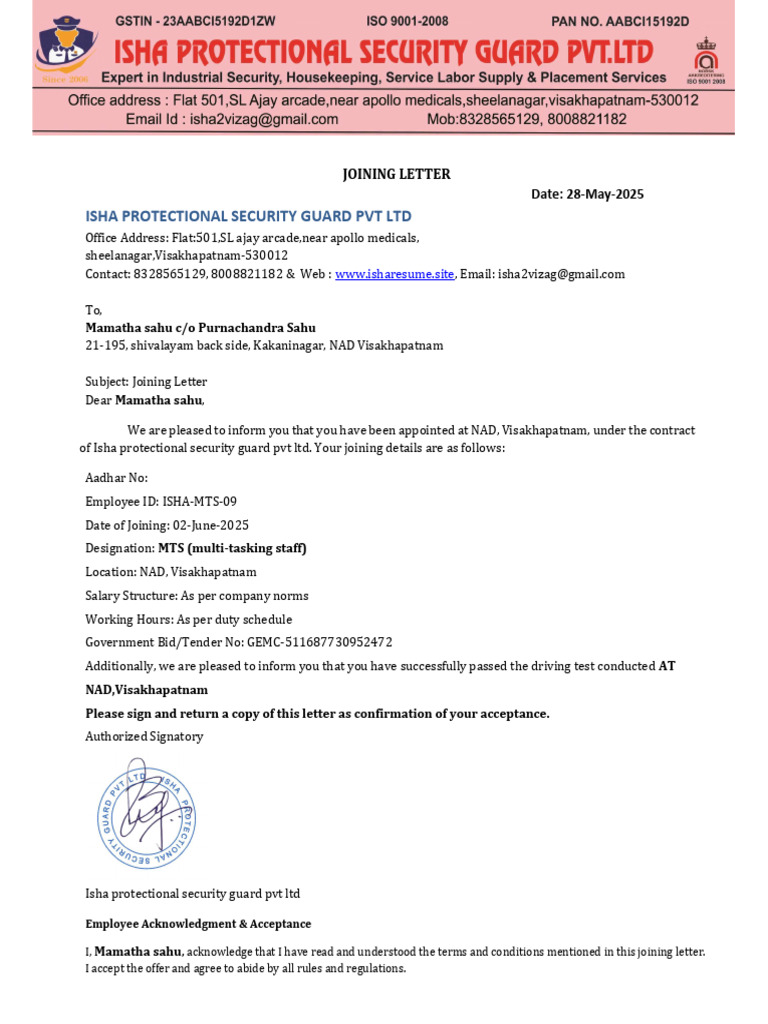Mamatha Joining Letter | PDF