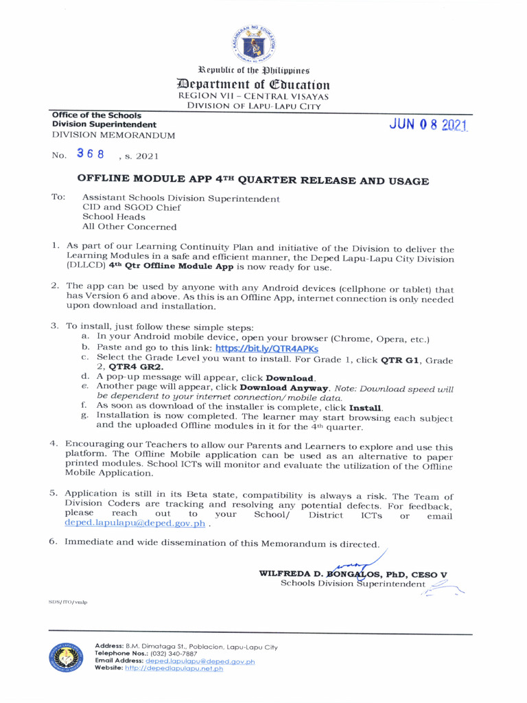 DM NO. 368, S. 2021 - Offline Module APP 4th Quarter Release and Usage ...