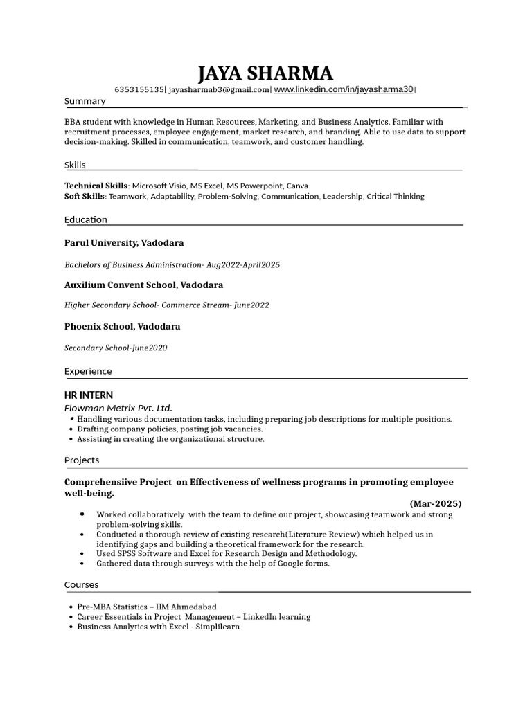 Jaya Sharma Resume Pdf