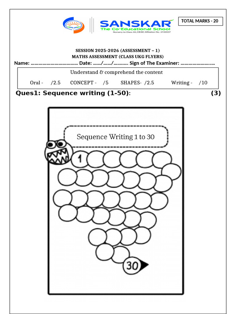 Maths Assessment 1 UKG | PDF