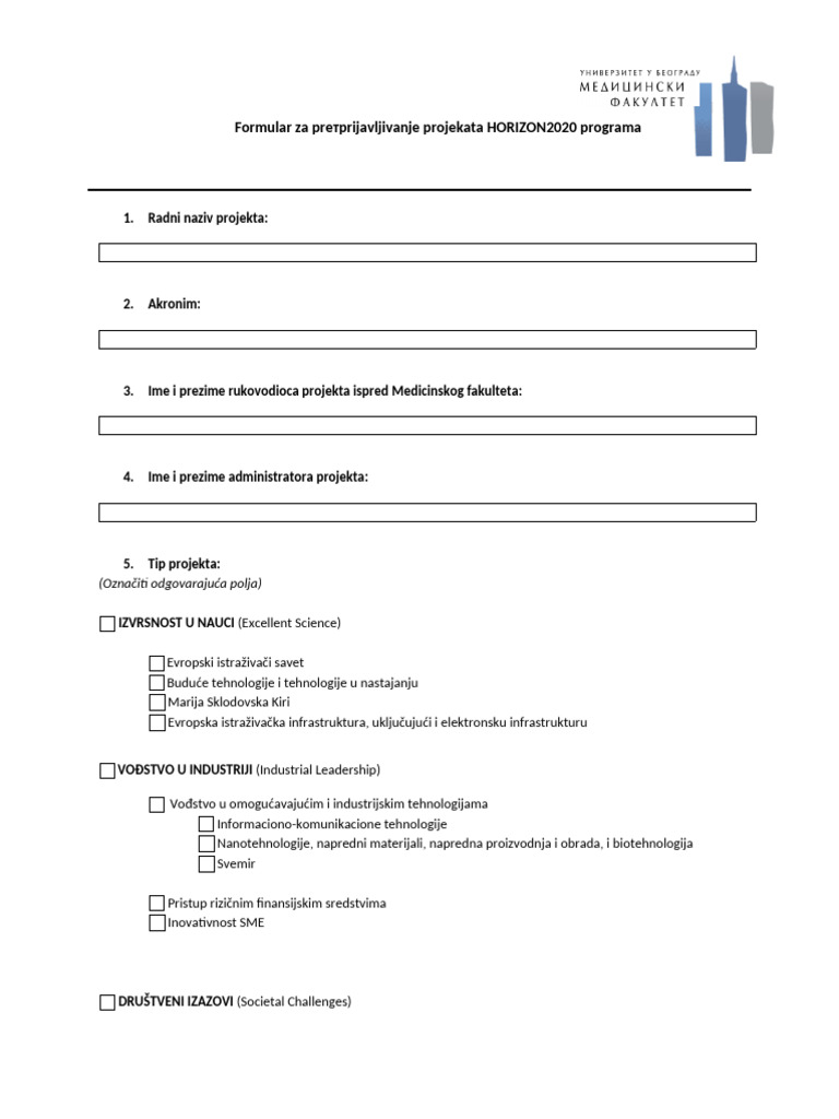 HORIZON 2020 Pretprijavni Formular MFUB | PDF