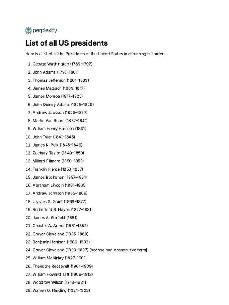 Chronological List of US Presidents | PDF