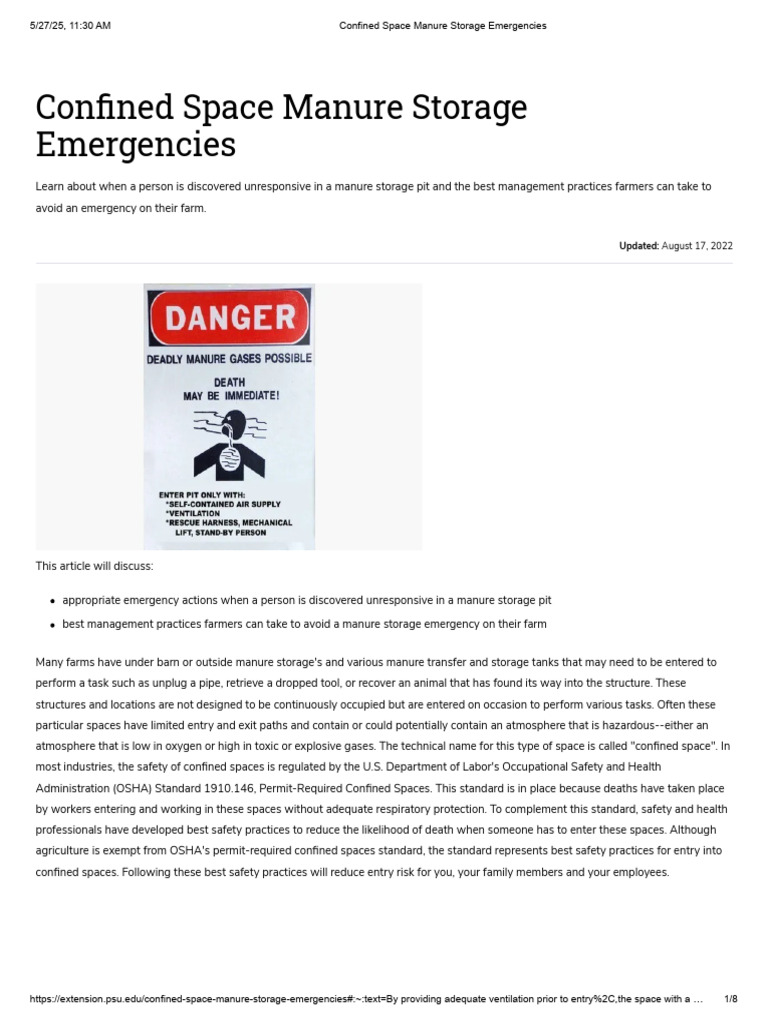 Confined Space Manure Storage Emergencies | PDF | Occupational Safety ...