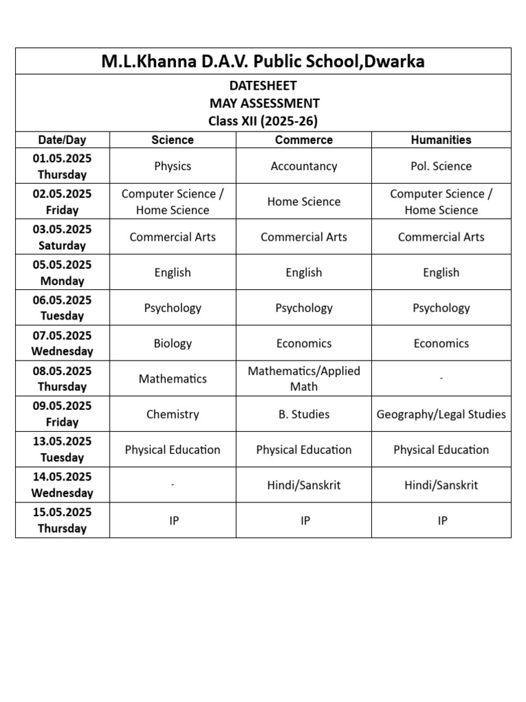 May Assessment Datesheet XII (2025-26) | PDF
