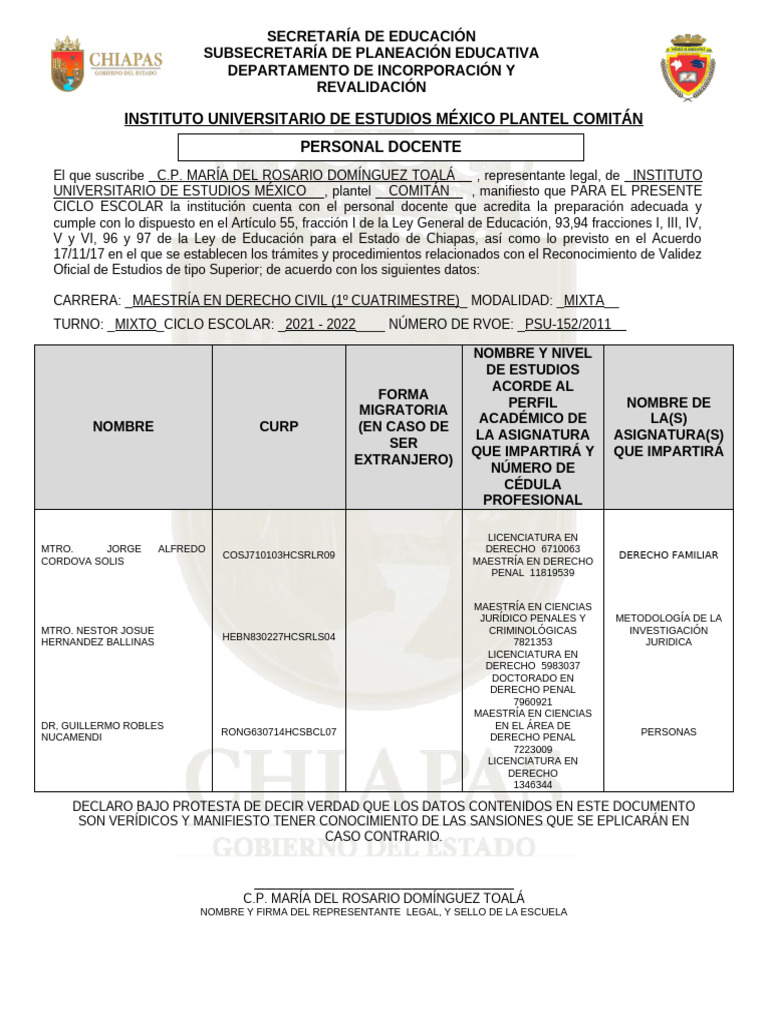 Personal Docente Instituto México Comitan | PDF