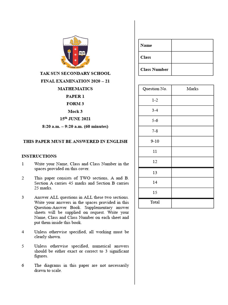 Form 3 Mathematics Final Exam 2021 | PDF