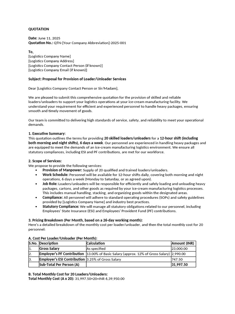 Sample Labour Quotation by GenAI | PDF | Salary | Logistics