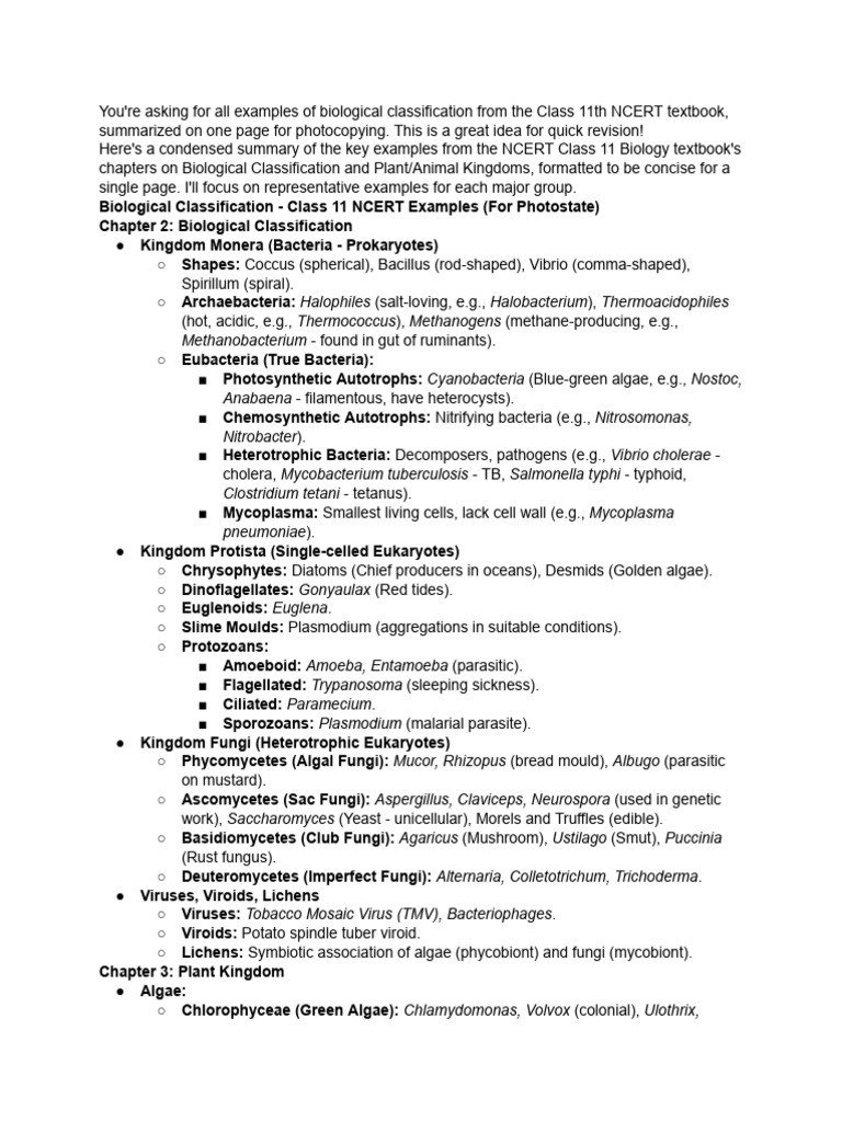 All Exampels of Biological Classfication Class 11t... | PDF | Bacteria ...