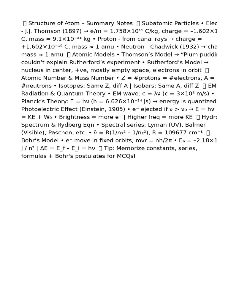 Structure of Atom Handwritten Notes | PDF