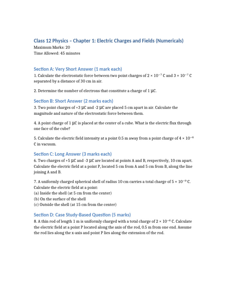 Class 12 Physics Chapter 1 Numericals | PDF
