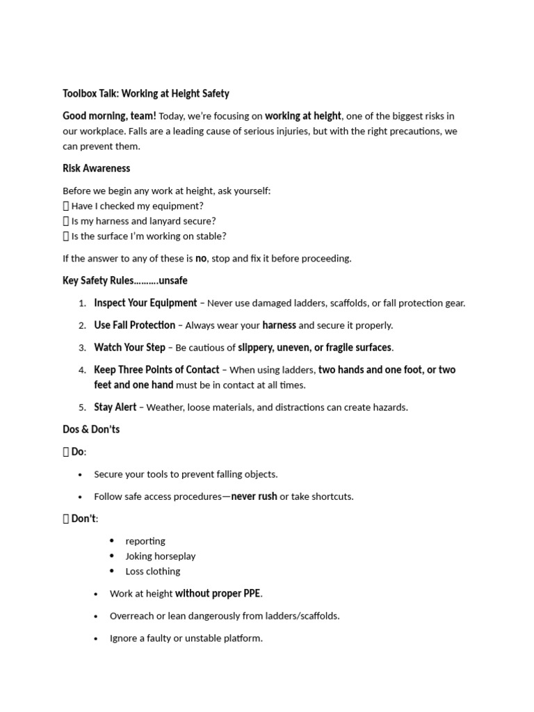 Toolbox Talk.docx work at hight - Copy | PDF