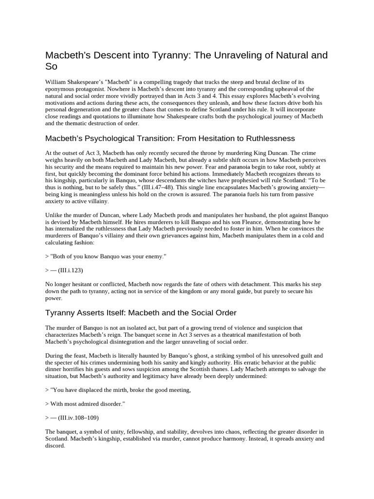 Macbeth's Descent Into Tyranny_ the Unraveling of Natural and So | PDF ...