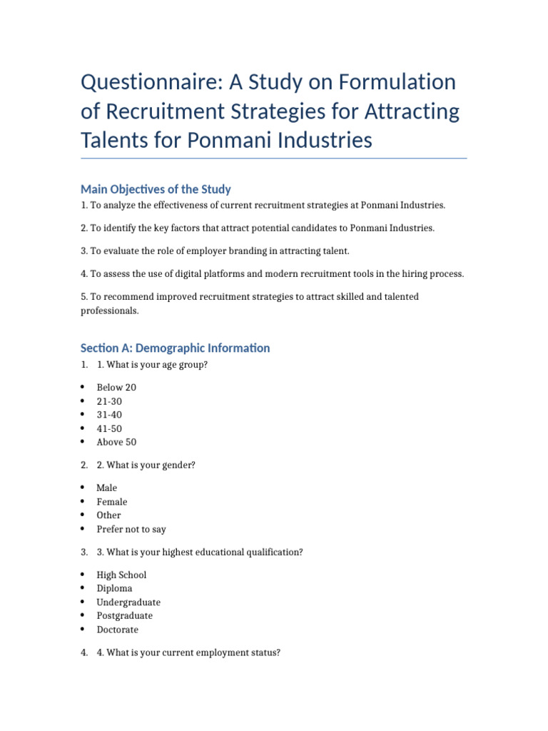 Recruitment Strategy Questionnaire Ponmani Industries | PDF | Recruitment