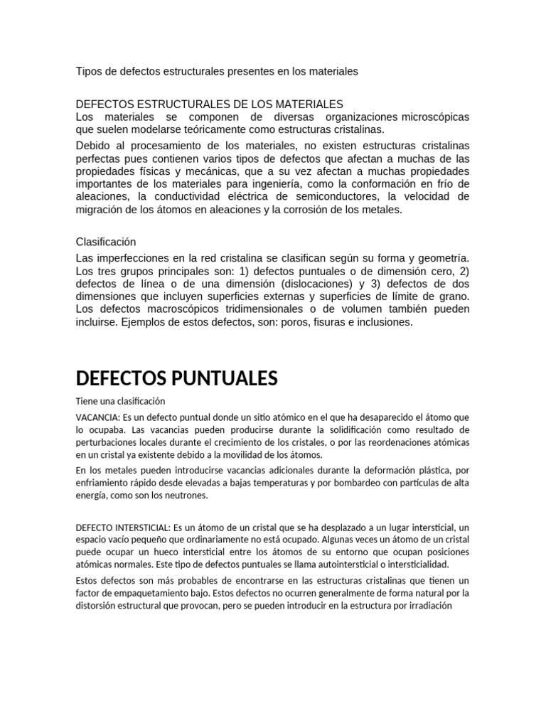 Tipos de Defectos Estructurales Presentes en Los Materiales | PDF ...
