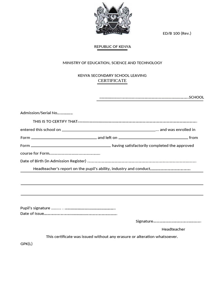 Kenya Secondary School Leaving Certificate | PDF