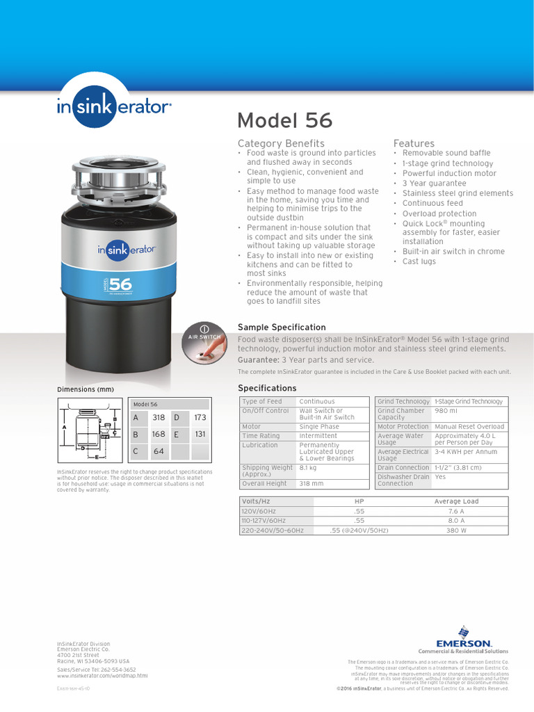 InSinkErator Model 56 Specifications | PDF