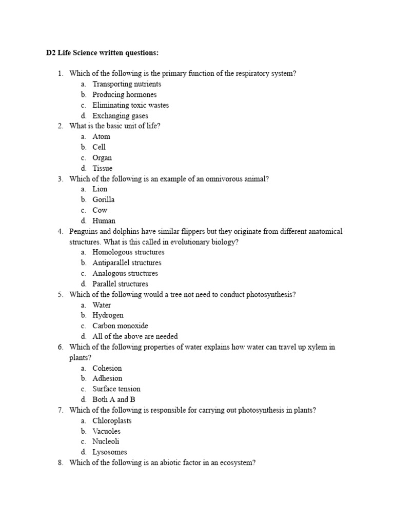 Life Science Exam Questions and Answers | PDF | Cell (Biology) | Life ...