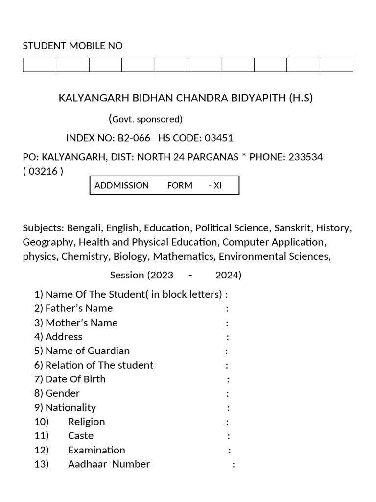 Addmission Form For Class Xi | PDF