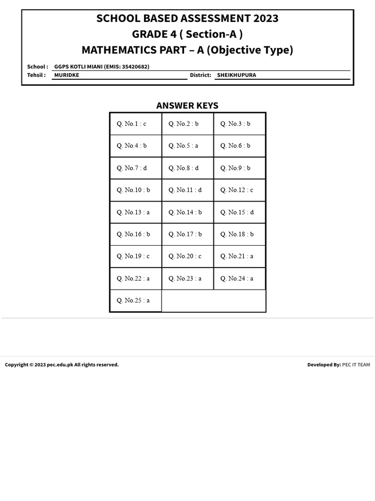 School Based Assessment 2023 GRADE 4 (Section-A) MATHEMATICS PART - A ...