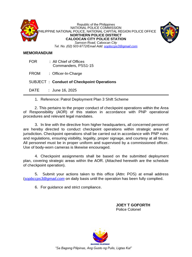 Caloocan Police Checkpoint Guidelines | PDF | Philippines | Law Enforcement