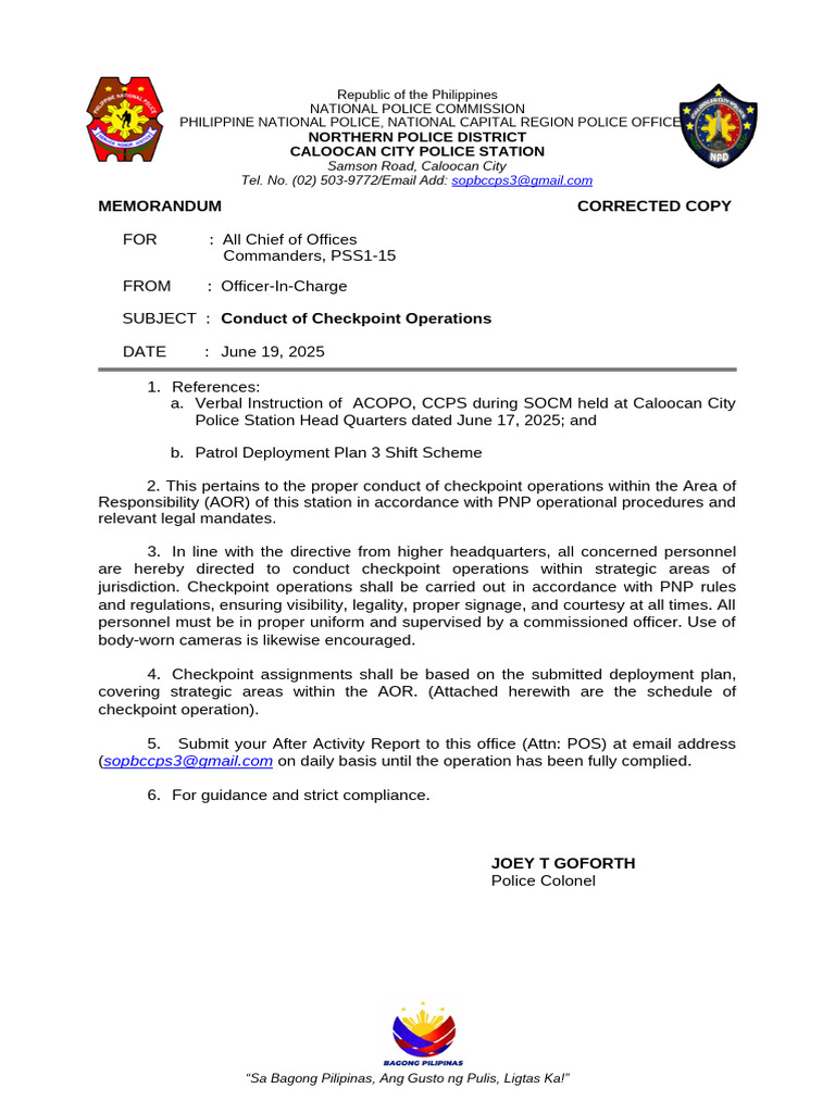 Checkpoint Operations Memorandum PNP | PDF