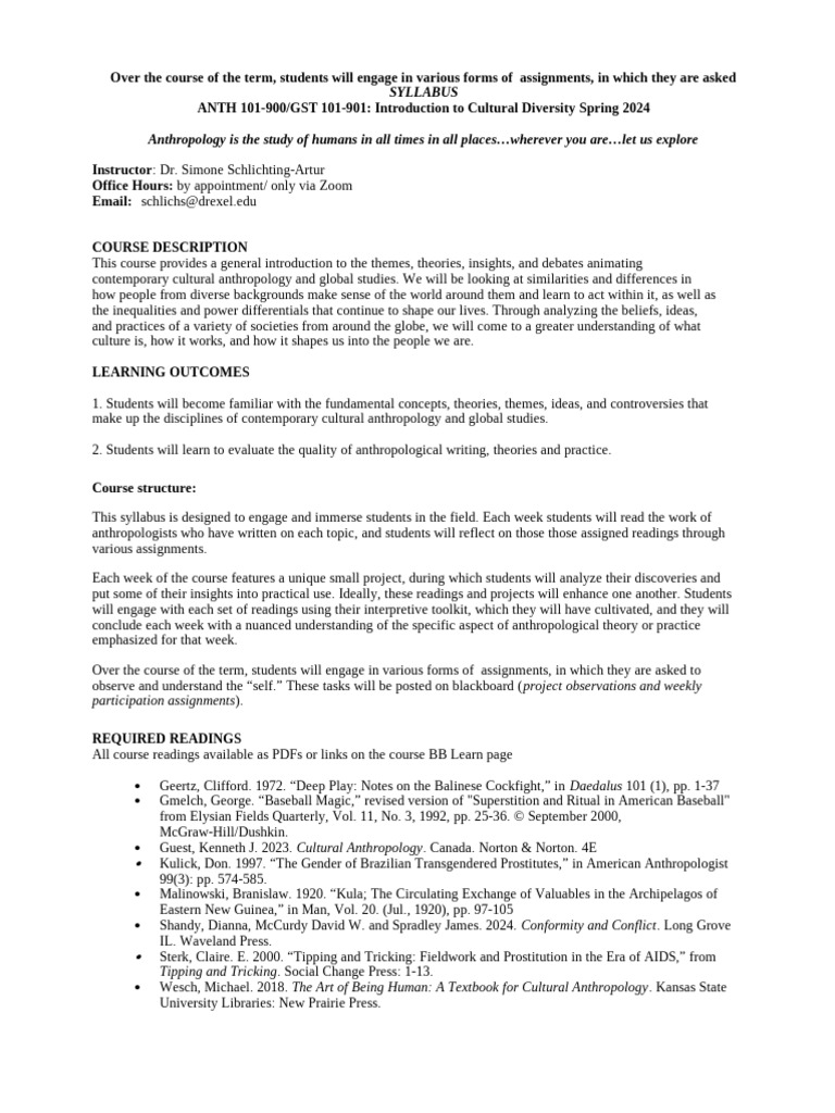 Anth-Gst 101-901 Spring 2024 | PDF | Ethnography | Anthropology