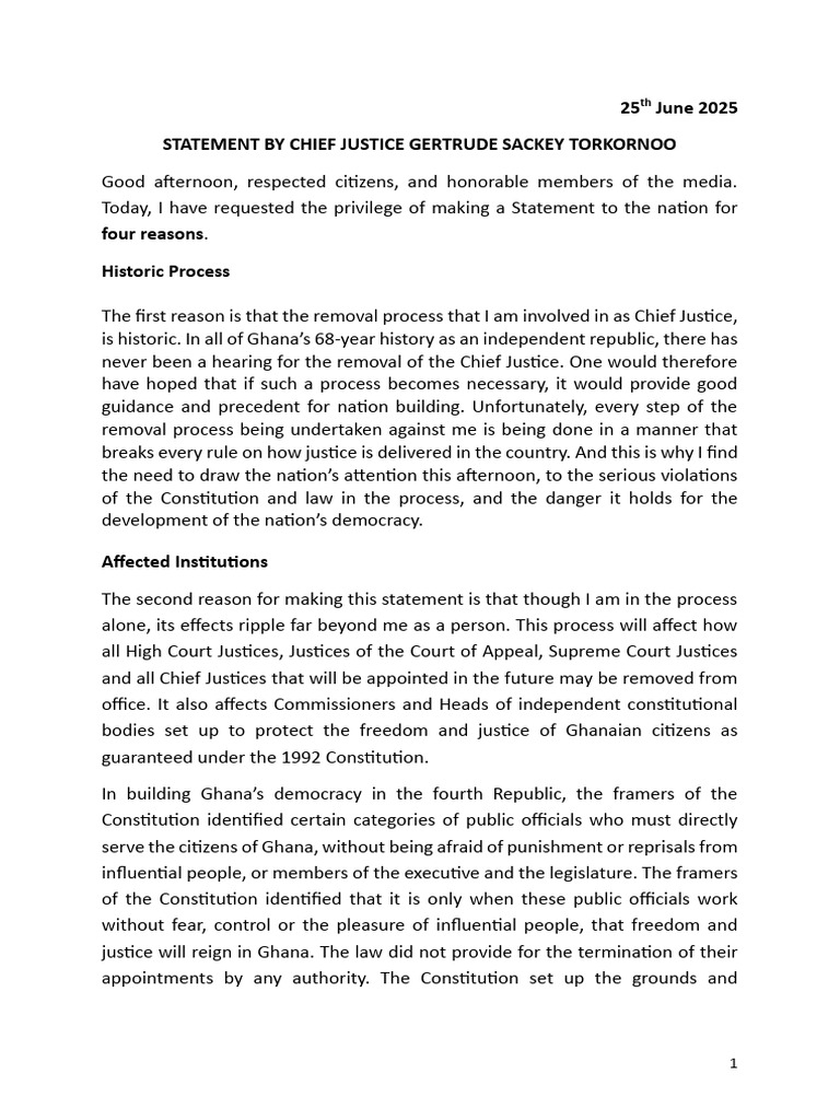 Chief Justice Torkornoo's Removal Statement | PDF | Supreme Court Of ...