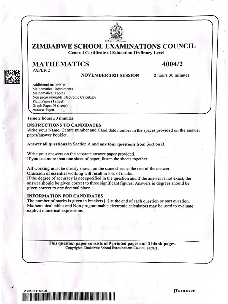 ZIMSEC O' Level Maths - November 2021 (Paper 2) | PDF