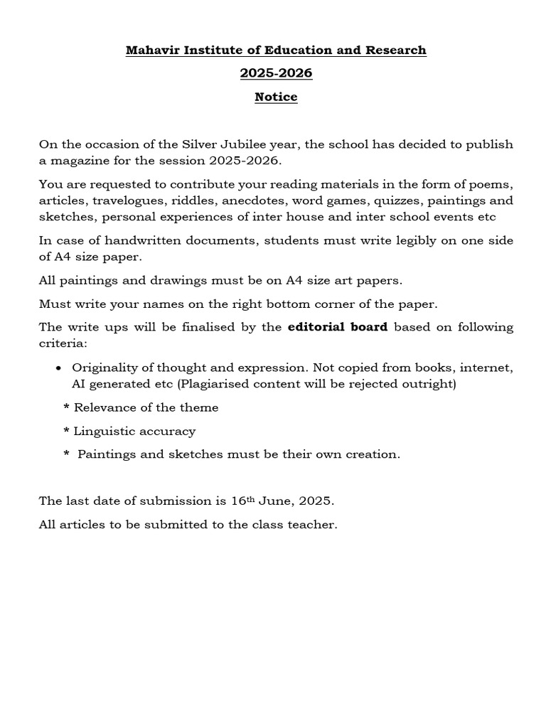 Silver Jubilee School Magazine Call for Submissions | PDF