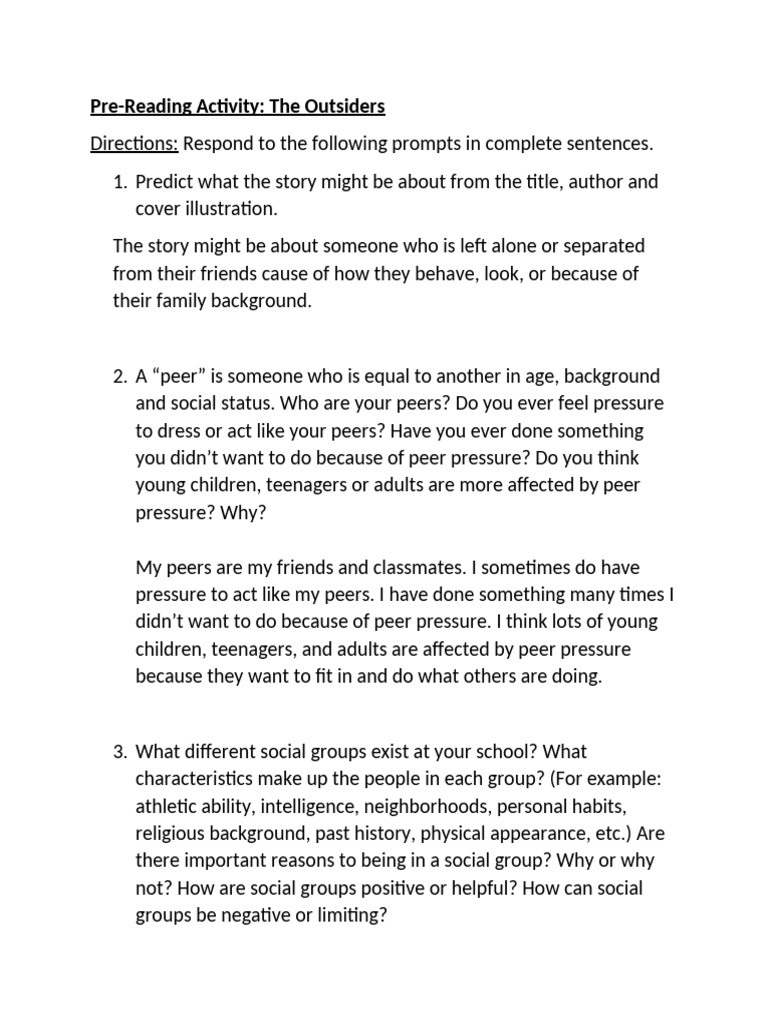 Outsiders Pre Reading Activity | PDF | Adolescence | Psychological Concepts