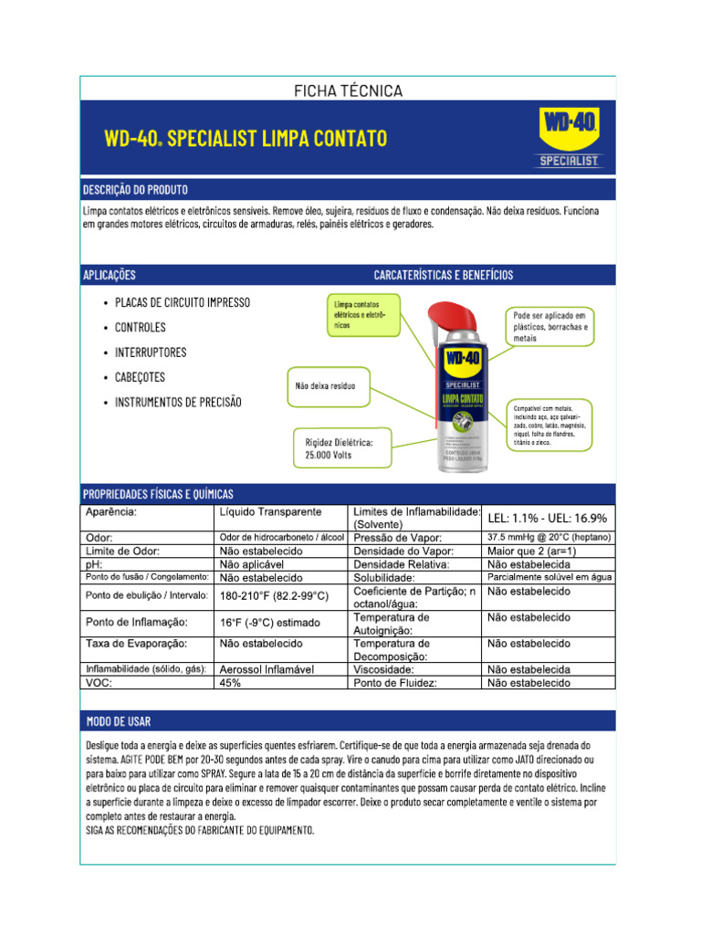 Ficha Tecnica WD 40 Specialist Limpa Contato DEZ2023 | PDF
