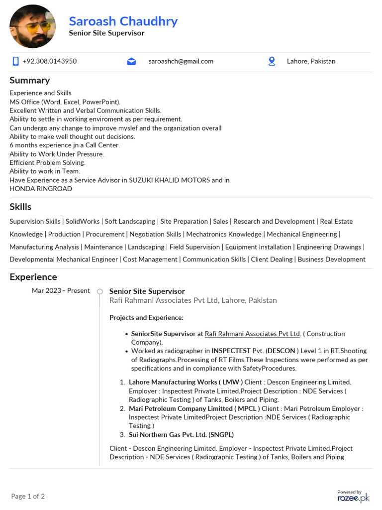 Rozee CV 177007499 16778824 Saroash Mahmoodchaudhry | PDF | Engineering