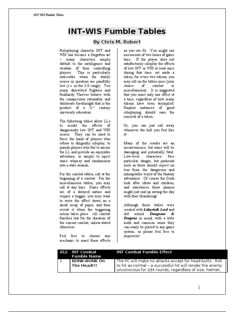 INT-WIS Fumble Tables | PDF
