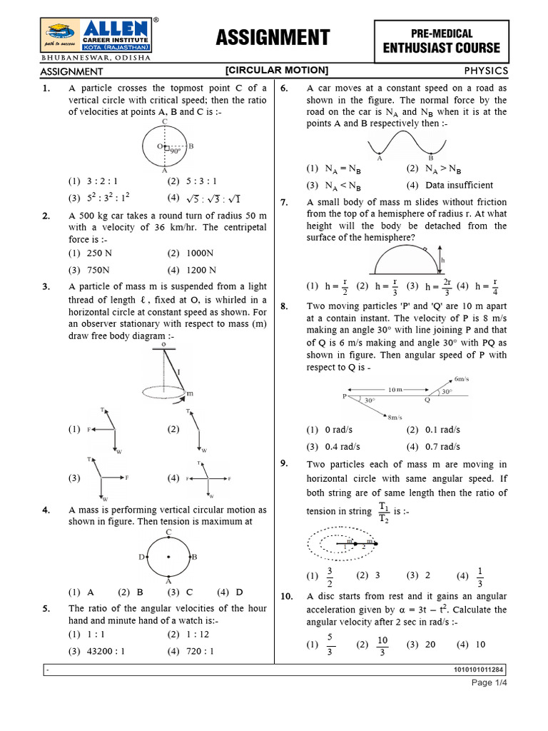 11 Assignment#11 Circular Motion-01 SC | PDF | Physical Sciences ...