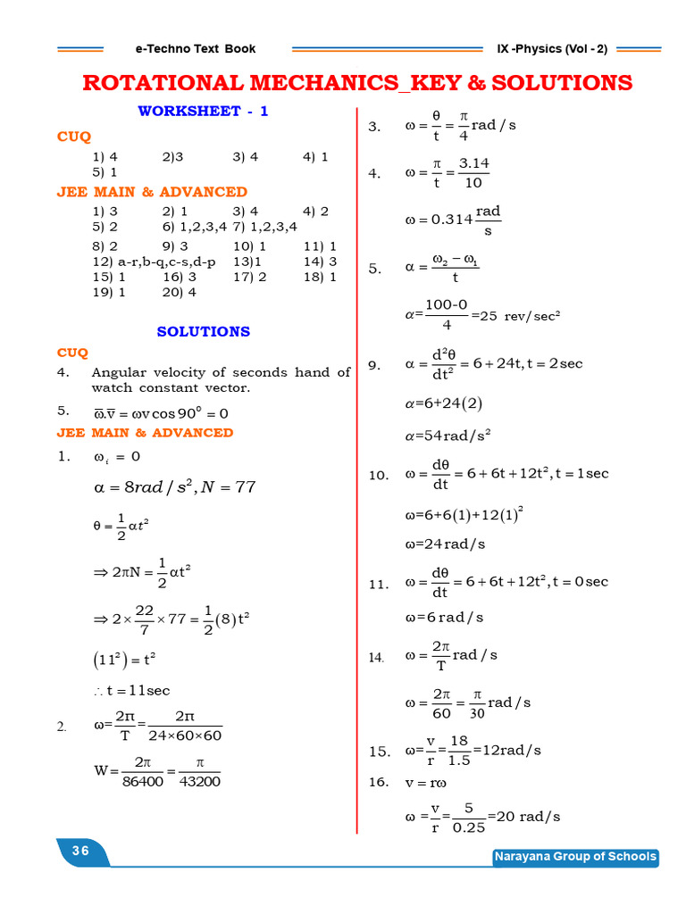 Rotational Mechanics - Key & Solutions | PDF | Mechanics | Classical ...