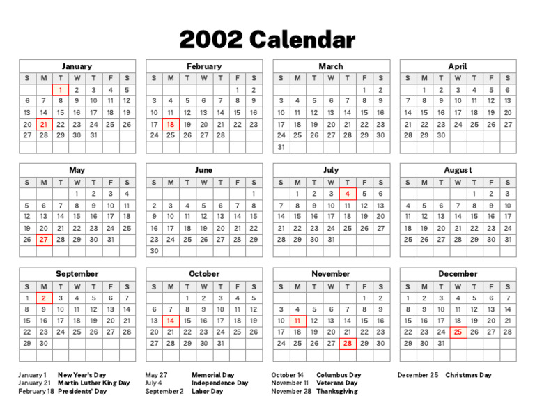 2002 Calendar with Holidays | PDF | December Observances | Christmas