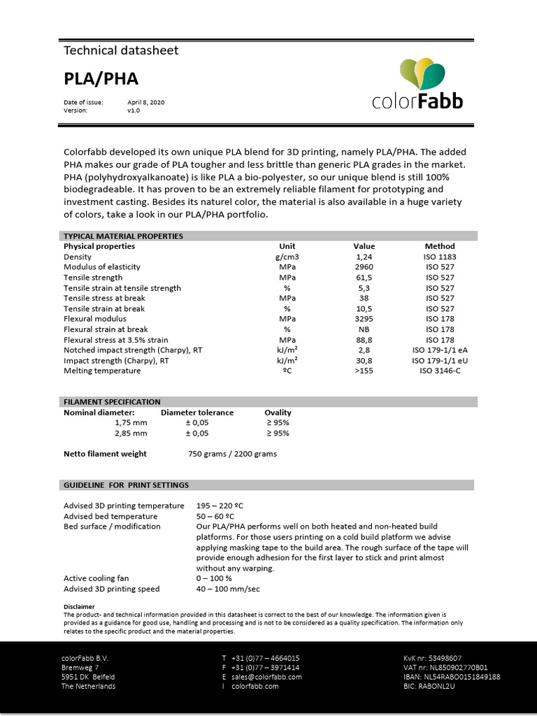 Especificaciones Tecnicas Colorfabb Pla | PDF | Strength Of Materials | Young's Modulus