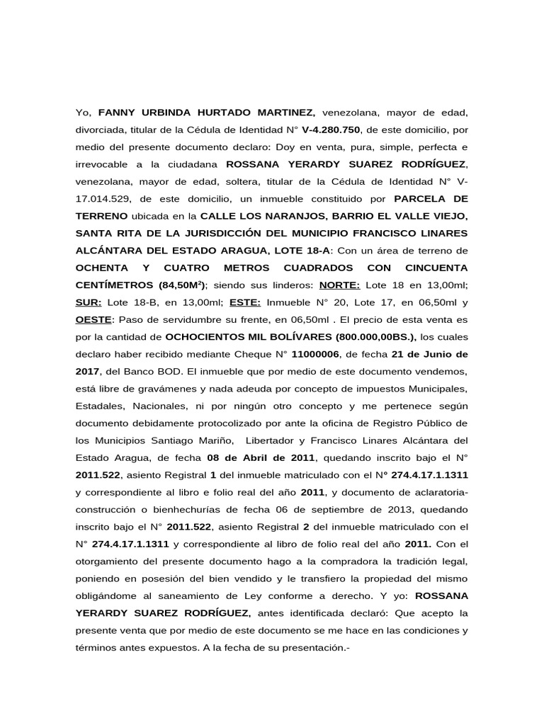Documento Venta Sra Fanny A Rossana Suarez | PDF