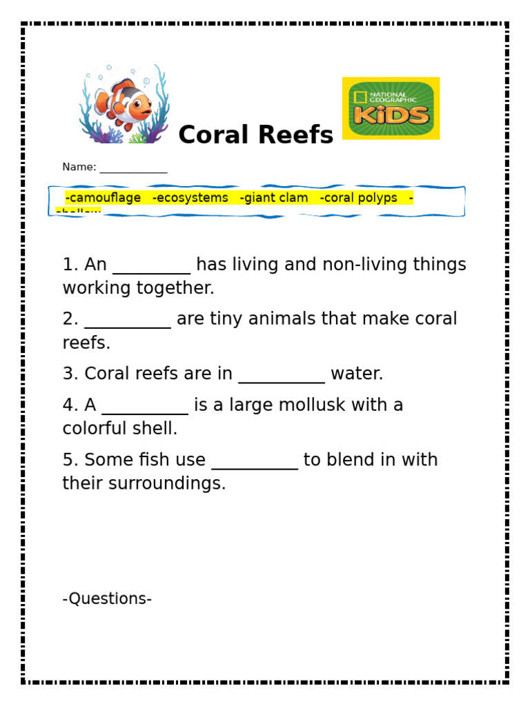 Coral Reefs Worksheet | PDF