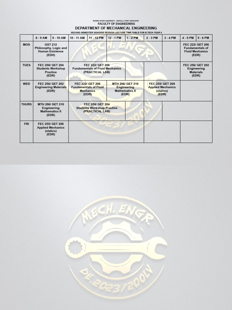 Mech Class Timetable 200lvl 2nd. Semester New | PDF