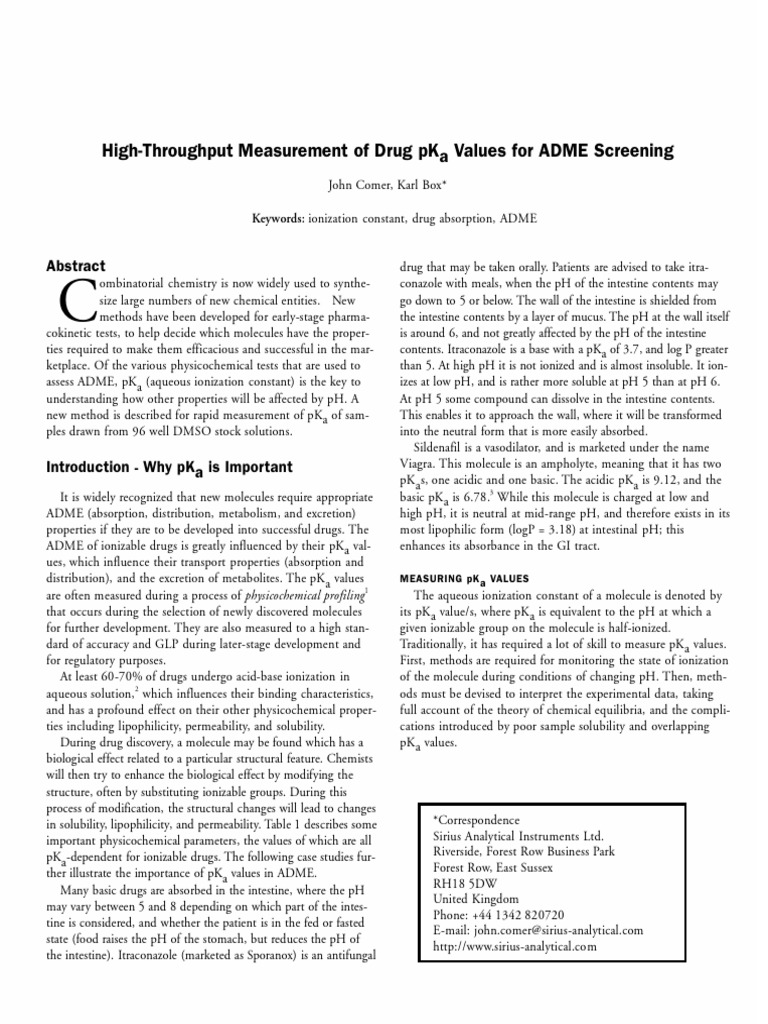 Comer Box 2003 High Throughput Measurement of Drug Pka Values For Adme ...