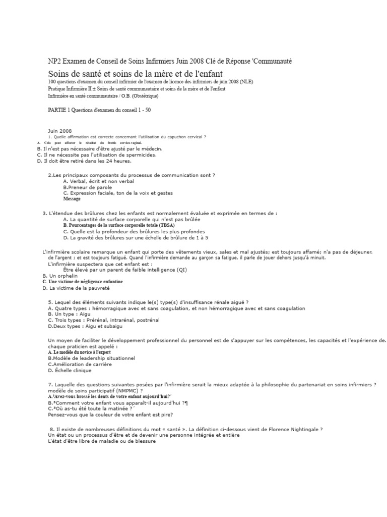 Clé de Réponse de L'examen Du Conseil de Soins Infirmiers NP2 Juin 2008 | PDF | Grossesse ...
