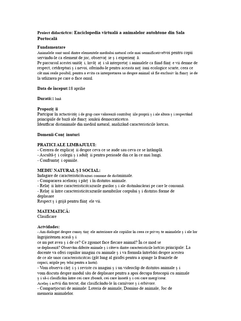 Proiect Didactic Animale Autohtone | PDF