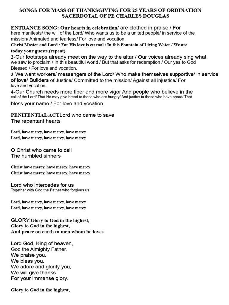 Songs For Thanksgiving Mass For The 25th Anniversary of The Priestly ...
