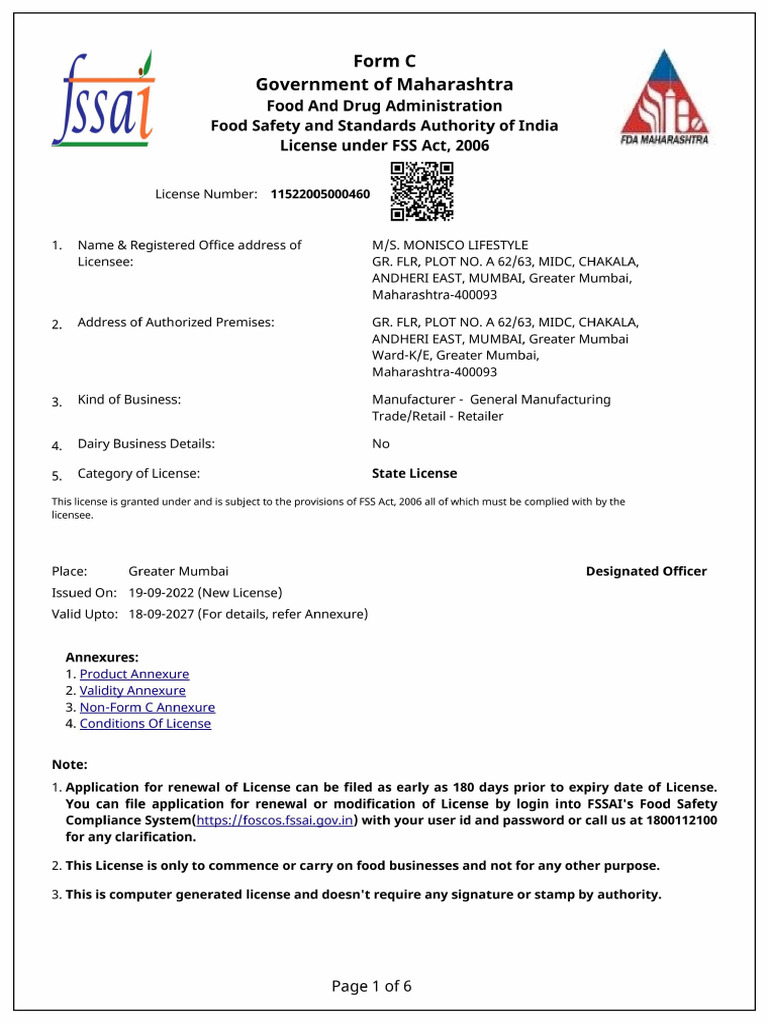 FSSAI Licence - Factory | PDF