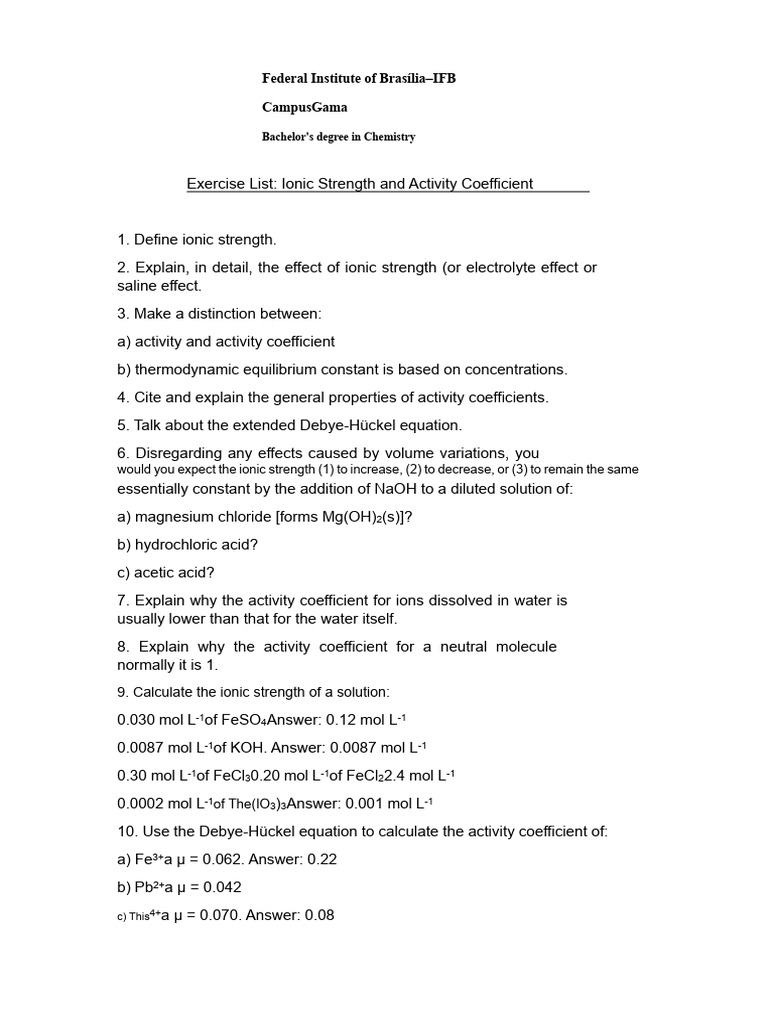 Ionic Strength and Activity Coefficient Guide | PDF | Salt (Chemistry ...