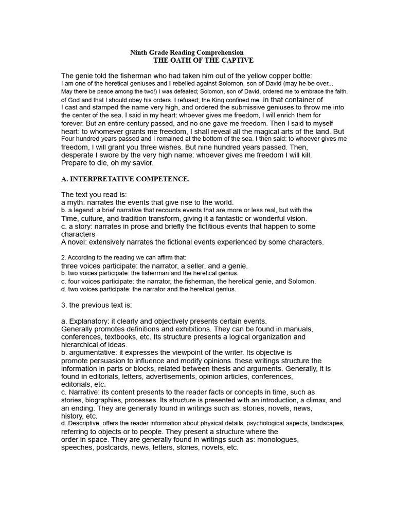 Ninth Grade Reading Comprehension | PDF | Narration | Narrative
